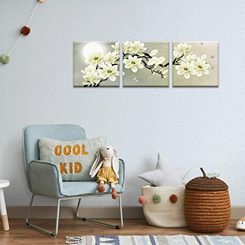 Natural art β White Magnolia & Butterfly Under the Moon Modern Giclee Canvas Prints Paintings to Photo Printed Artwork for Wall Decor