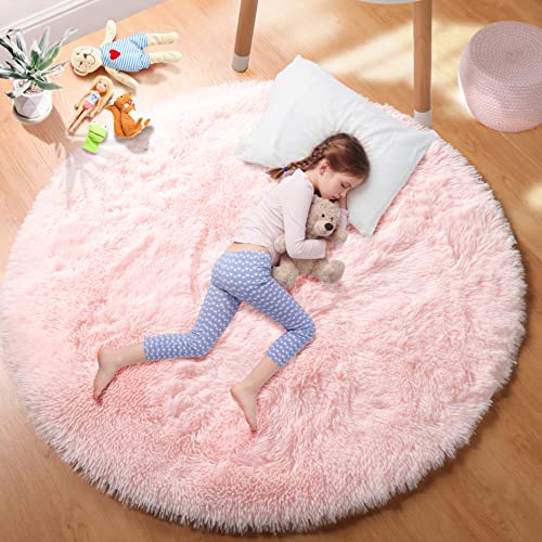 PAGISOFE Super Soft Circle Rugs for Girls Princess Castle Toddlers Play Tent 41” Diameter Circular Area Rugs for Kids Bedroom Baby Room Decor Round Shag Playhouse Carpets and Nursery Rugs (Pink)