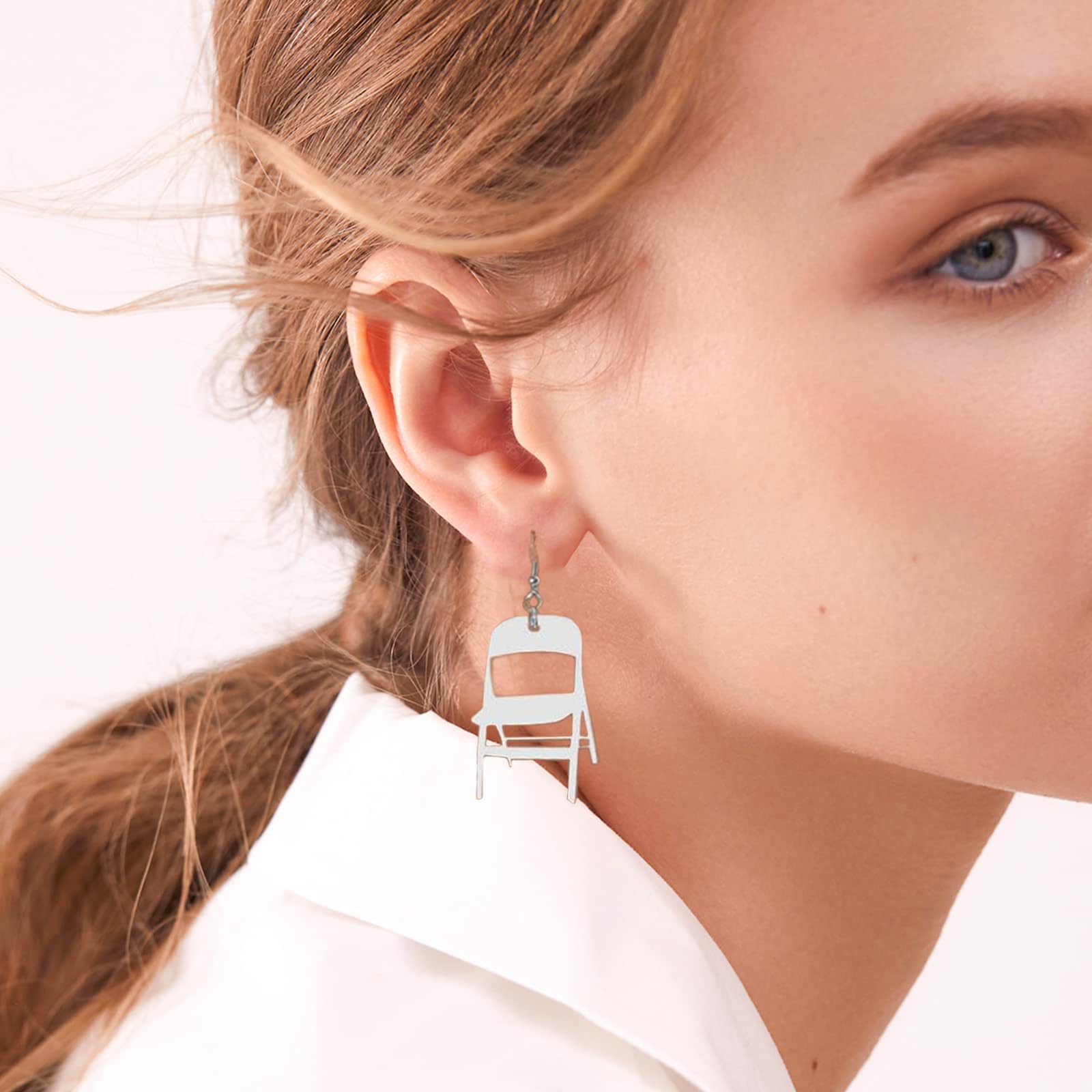 Folding Chair Earrings, Funny Fight Acrylic Chair Drop Dangle Earrings for Women Christmas Halloween Party Boho Jewelry Gifts(White)