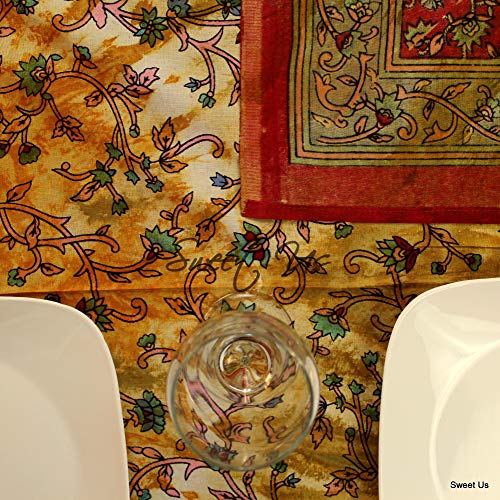 India Arts Cotton Floral Tie Dye Tablecloth Rectangle Red Tan Kitchen Dining Linen