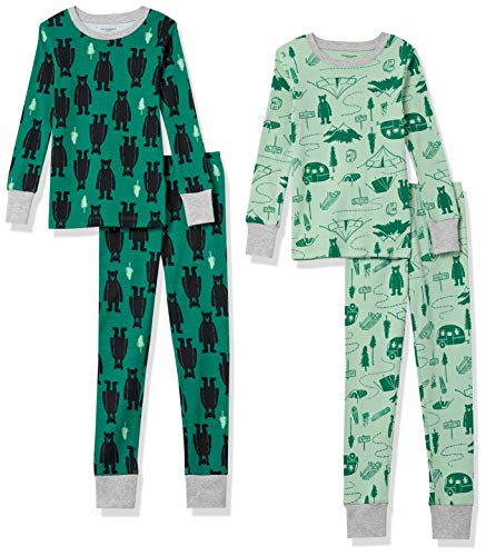 Amazon Essentials Unisex Toddlers' Snug-Fit Cotton Pajama Sleepwear Sets, 4-piece, Bottle Green Polar Bear/Mint Green Happy Camper, 4T