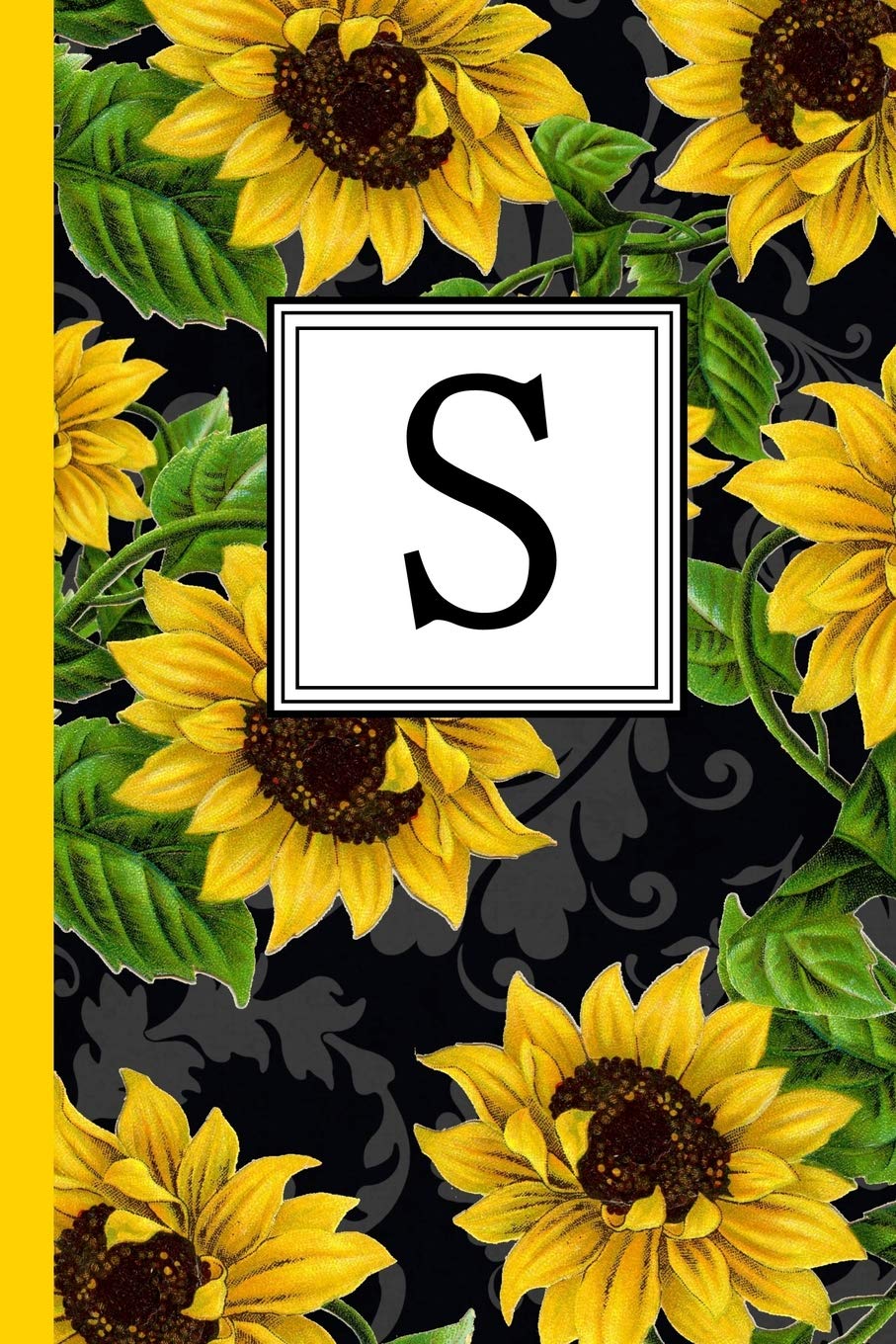 S: Floral Letter S Monogram personalized Journal, Black & Yellow Sunflower pattern Monogrammed Notebook, Lined 6x9 inch College Ruled 120 page perfect bound Glossy Soft Cover