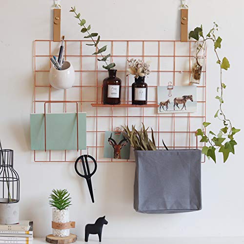 FRIADE Rose Gold Metal Wire Wall Grid Panel for Photo Display,Display Ledge,Wall Organizer for Living Room,Bedroomďź10 Metal Clips&2 Leather Straps&3 Nails Offered,Set of 1 (Rose Gold:25.5âx17.7â)