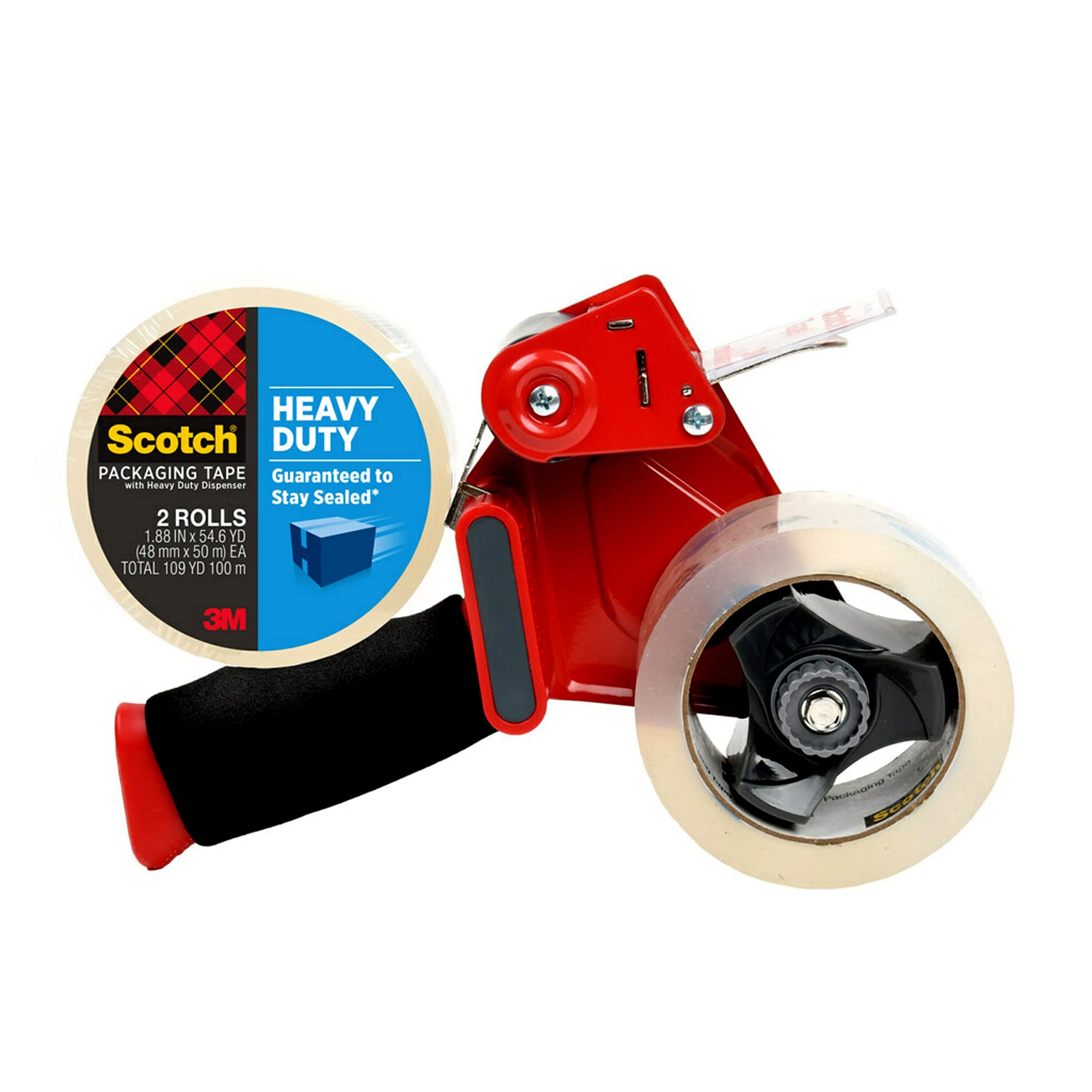 Scotch Heavy Duty Packaging Tape, 1.88" x 54.6 yd, Designed for Packing, Shipping and Mailing, Strong Seal on All Box Types, 3" Core, Clear, 2 Rolls w/Dispenser (3850-2ST)