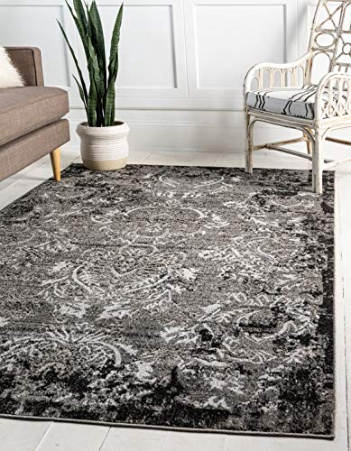 Unique Loom Botanical Collection Distressed, Bohemian, Vintage, Victorian, Indoor and Outdoor Area Rug, 7 ft x 10 ft, Light Gray/Black