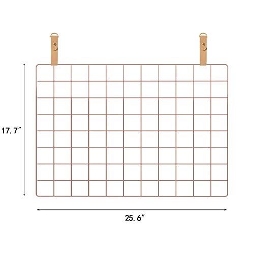 FRIADE Rose Gold Metal Wire Wall Grid Panel for Photo Display,Display Ledge,Wall Organizer for Living Room,Bedroom,10 Metal Clips&2 Leather Straps&3 Nails Offered,Set of 1 (Rose Gold:25.5”x17.7”)