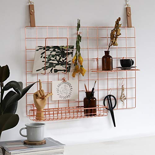FRIADE Rose Gold Metal Wire Wall Grid Panel for Photo Display,Display Ledge,Wall Organizer for Living Room,Bedroom,10 Metal Clips&2 Leather Straps&3 Nails Offered,Set of 1 (Rose Gold:25.5”x17.7”)
