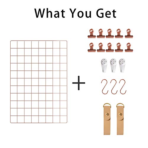 FRIADE Rose Gold Metal Wire Wall Grid Panel for Photo Display,Display Ledge,Wall Organizer for Living Room,Bedroom,10 Metal Clips&2 Leather Straps&3 Nails Offered,Set of 1 (Rose Gold:25.5”x17.7”)