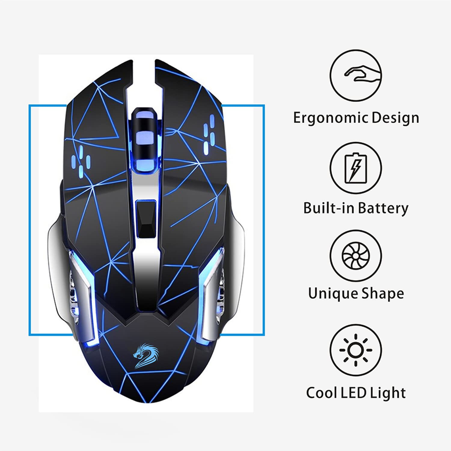 Uciefy Q85 Rechargeable Wireless Gaming Mouse, 2.4G LED Optical Silent Wireless Computer Mouse with 4 LED Light, 3 Adjustable DPI, Ergonomic Design, Auto Sleeping (Starry Black)