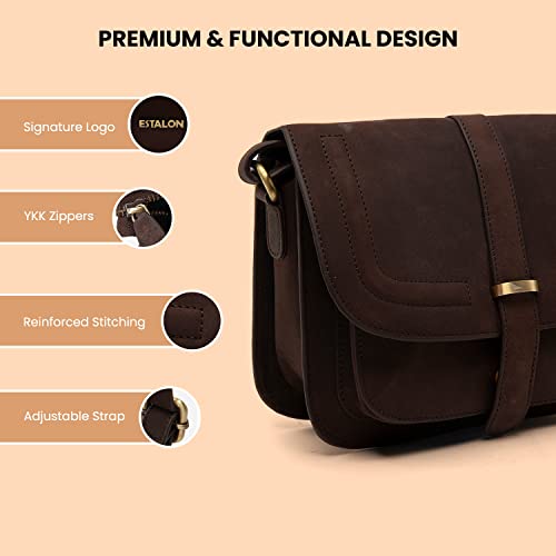 ESTALON Crossbody Bags for Women - Real Leather Multi Pocket Travel Purse and Sling Bag (Mocha)