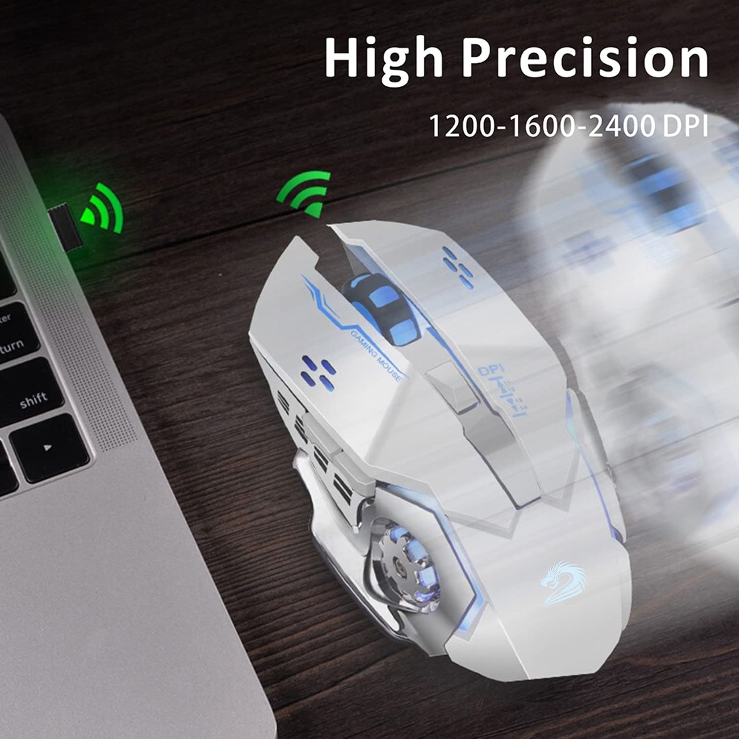 Uciefy Q85 Rechargeable Wireless Gaming Mouse, 2.4G LED Optical Silent Wireless Computer Mouse with 4 LED Light, 3 Adjustable DPI, Ergonomic Design, Auto Sleeping (Starry Black)