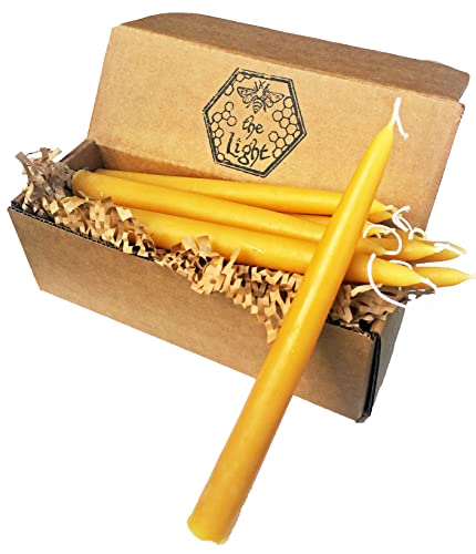BeeTheLight Beeswax Taper Candles (Pack of 12) - Dipped Style Smokeless Unscented Candles - 12 Hours Burn Time Each - All Natural 100% Pure Beeswax Candle - Handmade Decorative Taper Candle Set