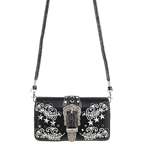 Justin West Buckle Western Floral Damask Embroidery Studs Stars Concealed Carry Handbag Purse (Black Purse Wallet Set)