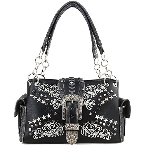 Justin West Buckle Western Floral Damask Embroidery Studs Stars Concealed Carry Handbag Purse (Black Purse Wallet Set)