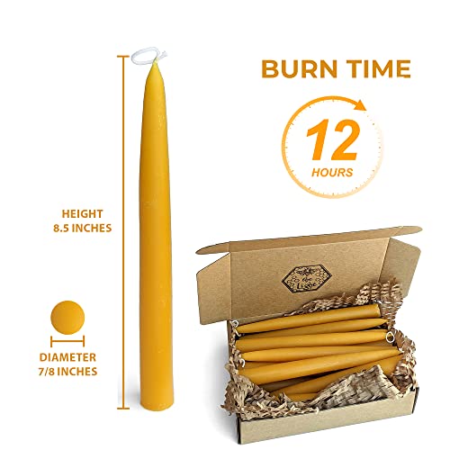 BeeTheLight Beeswax Taper Candles (Pack of 12) - Dipped Style Smokeless Unscented Candles - 12 Hours Burn Time Each - All Natural 100% Pure Beeswax Candle - Handmade Decorative Taper Candle Set