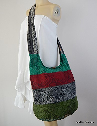 BTP! Thai Cotton Hippie Hobo Sling Crossbody Bag eco Friendly Shopping bag Paisley Print Large (Patchwork Random Colors PWP)