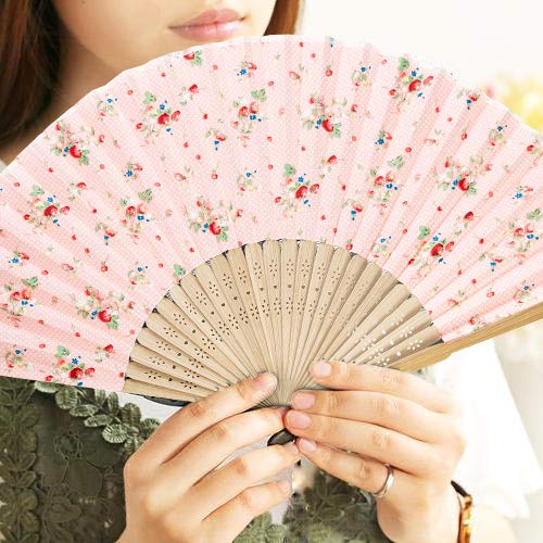 Hand Fan Bamboo Pink Flower Printed Folding Fan Cotton for Party Wedding Gift
