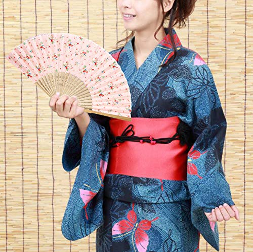 Hand Fan Bamboo Pink Flower Printed Folding Fan Cotton for Party Wedding Gift