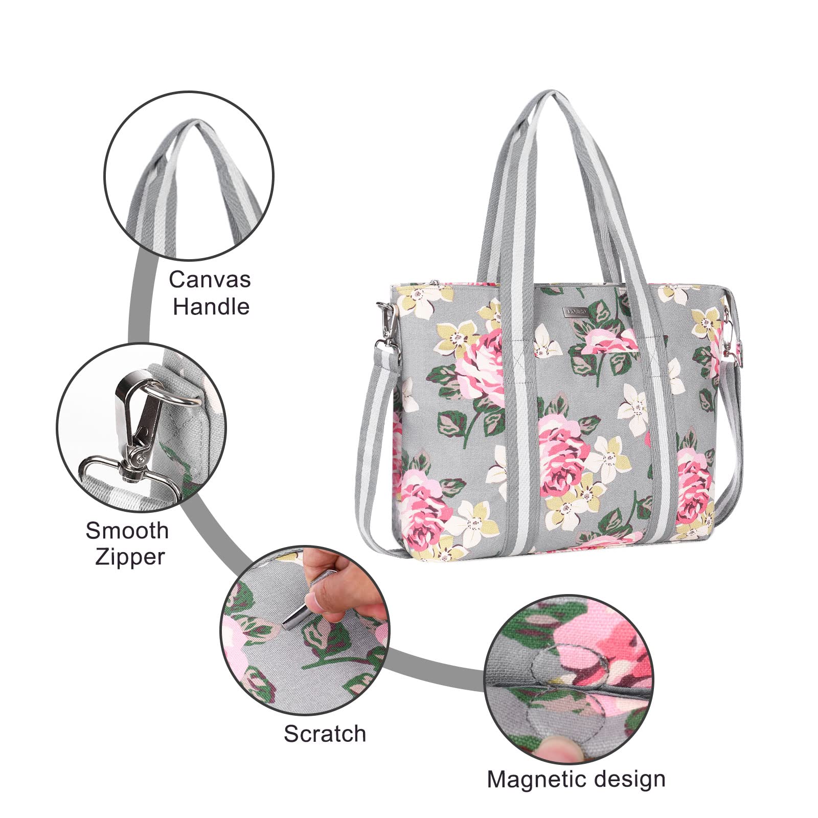 MOSISO Laptop Tote Bag for Women (17-17.3 inch), Canvas Rose Multifunctional Work Travel Shopping Duffel Carrying Shoulder Handbag Compatible with MacBook, Notebook and Chromebook, Grey