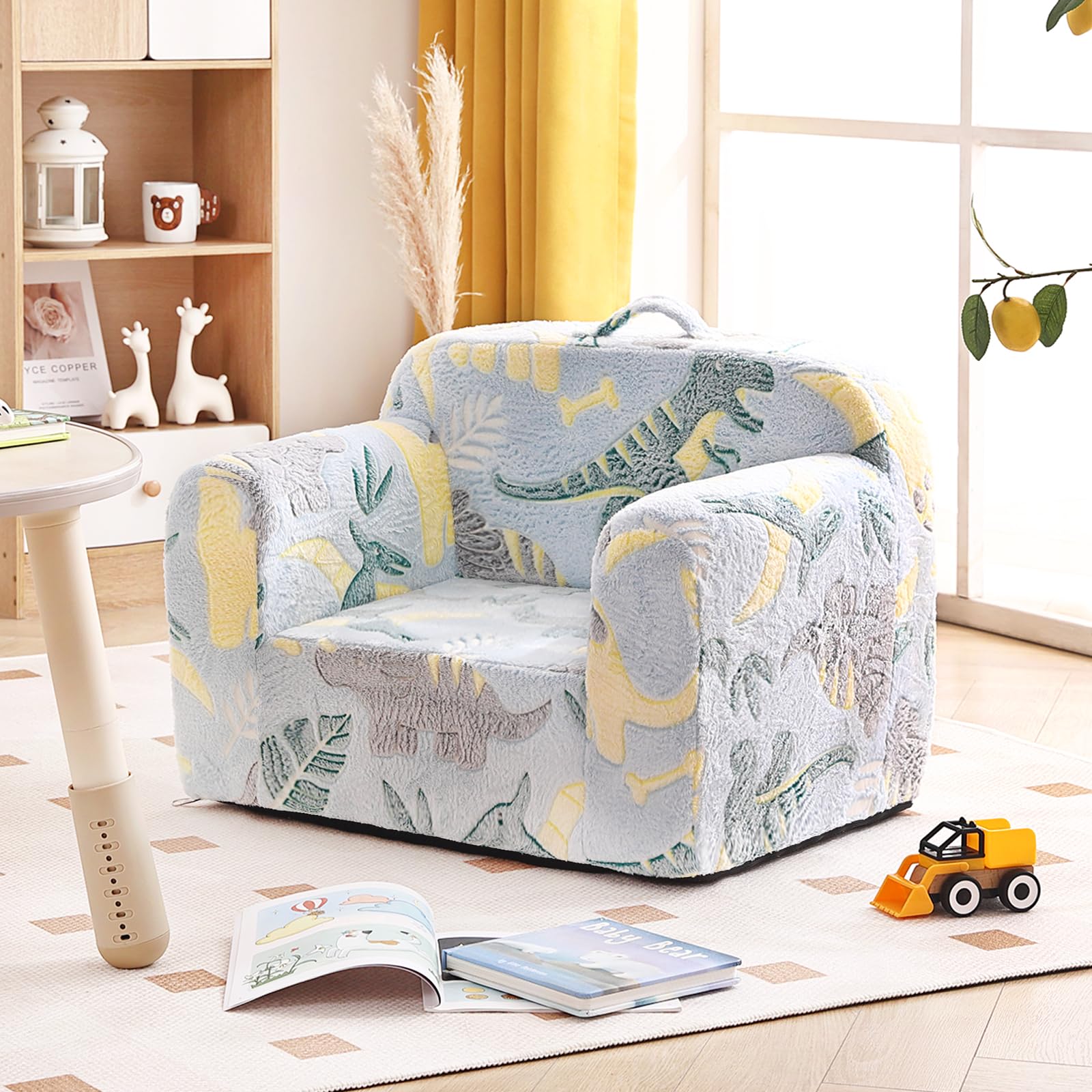 Tiita Kids Sofa, Children Couch with Carrying Handle & Side Pockets, Kids Foam Chair, Toddler Armrest Chair, Lightweight Children Sofa Chair, Kids Read Sofa for Girl or Boy (Grey Dinosaur)
