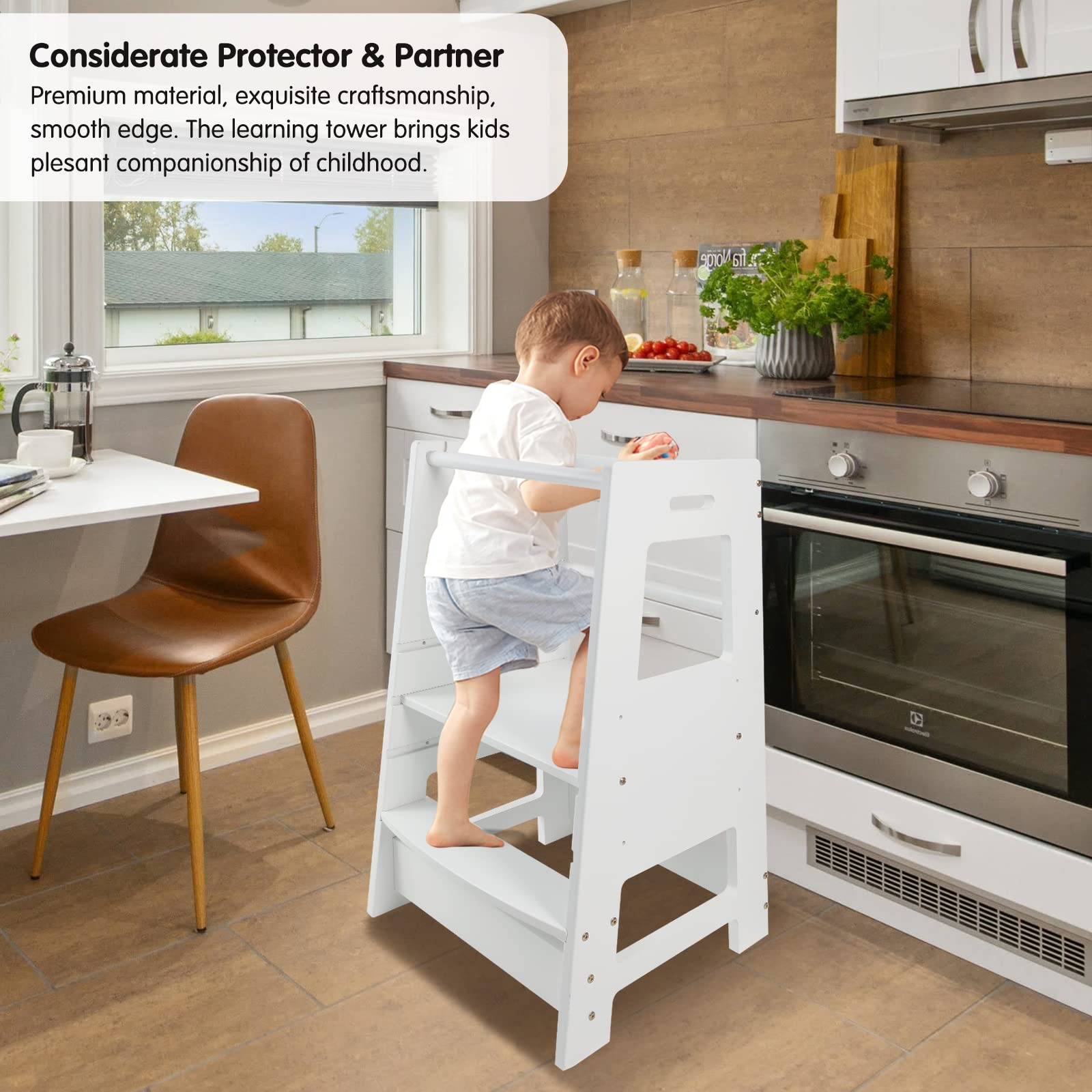 ECOMEX Toddler Standing Tower for Kitchen, Step Stool for Kid's Adjustable Height Learning Stool, Removable Anti-Drop Safety Rail Stool for Bedroom, Bathroom, White