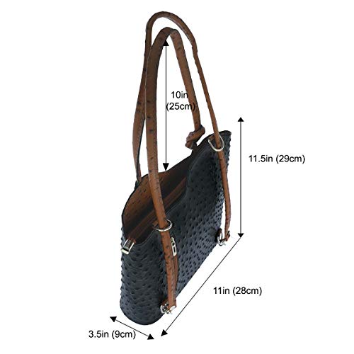 Fioretta Italian Genuine Leather Ostrich Pattern Top Dual Handles Tote Shoulder Bag Backpack Handbag For Women (Black and Brown)