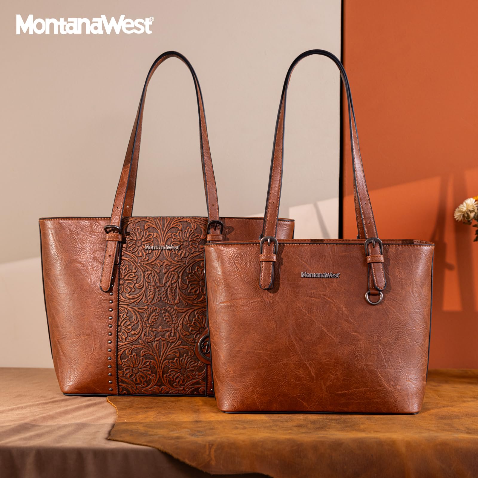 Montana West Tote Bag for Women Vegan Leather Purse and Handbags Set Embossed Collection Purse 2Pcs Set Brown MWC2-G052A-BR