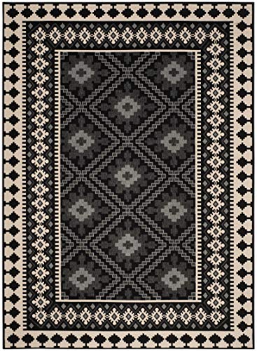 SAFAVIEH Veranda Collection 4' x 5'7" Black / Cream VER099 Boho Indoor/ Outdoor Non-Shedding Easy--Cleaning Patio Backyard Porch Deck Mudroom Accent--Rug