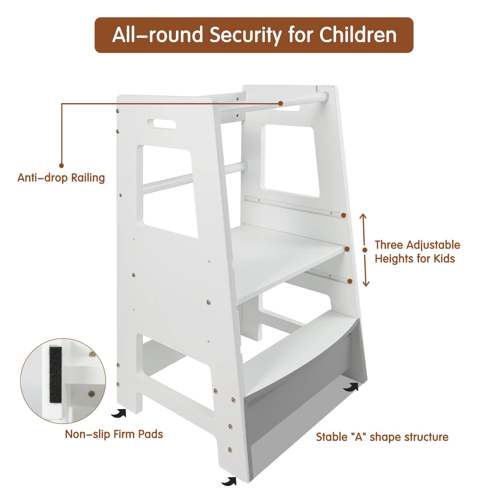 ECOMEX Toddler Standing Tower for Kitchen, Step Stool for Kid's Adjustable Height Learning Stool, Removable Anti-Drop Safety Rail Stool for Bedroom, Bathroom, White