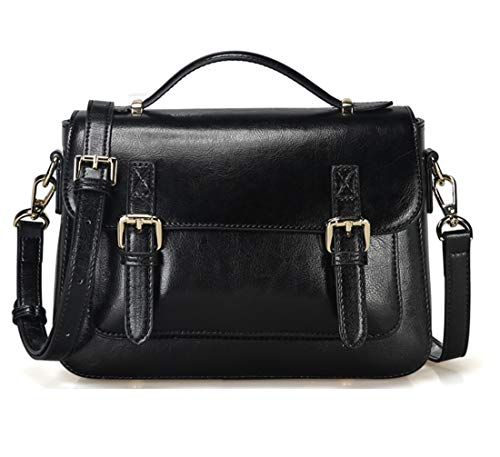 JeHouze Women's Genuine Leather Messenger Crossbody Medium Handbag Shoulder Vintage Purse (Black)