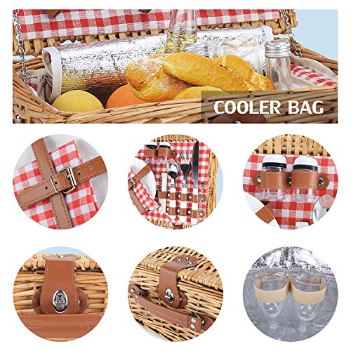 Wicker Picnic Basket for 2 Person, Willow Hamper Basket Sets with Insulated Compartment, Handmade 2 Person Picnic Basket Classical Red Check with Utensils Cutlery Perfect for Picnic, Camping