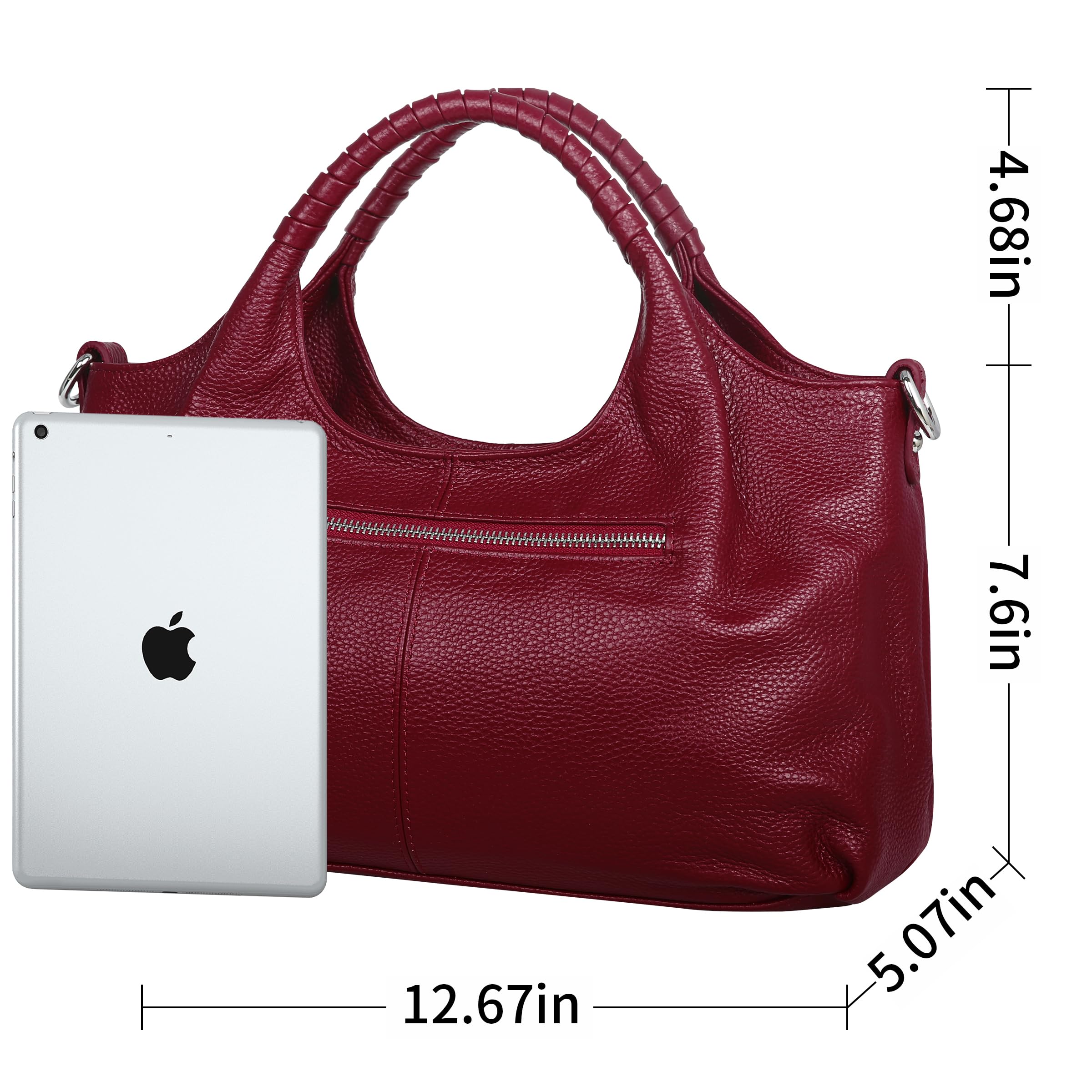 Iswee Women's Genuine Leather Handbag, Medium Satchel Shoulder Bag, Crossbody Hobo Purse with Pockets (Wine)