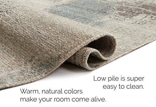 Well Woven Sandro Blue Tan Brown & Ivory Modern Abstract Short Pile Kilim Style (3'3" x 5') Area Rug Multi Color Pattern