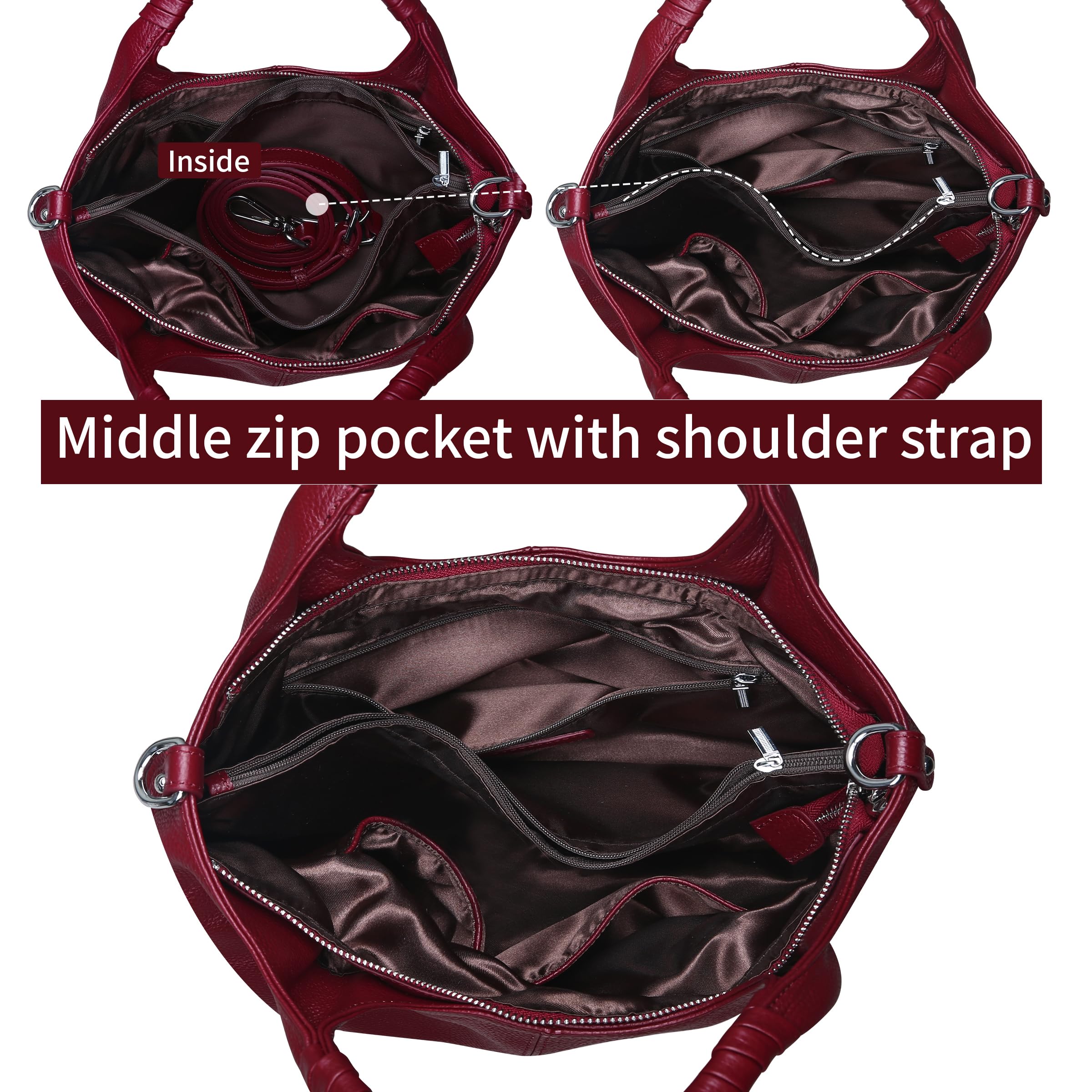 Iswee Women's Genuine Leather Handbag, Medium Satchel Shoulder Bag, Crossbody Hobo Purse with Pockets (Wine)