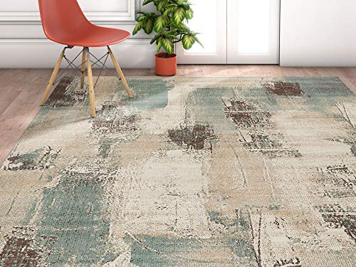 Well Woven Sandro Blue Tan Brown & Ivory Modern Abstract Short Pile Kilim Style (3'3" x 5') Area Rug Multi Color Pattern