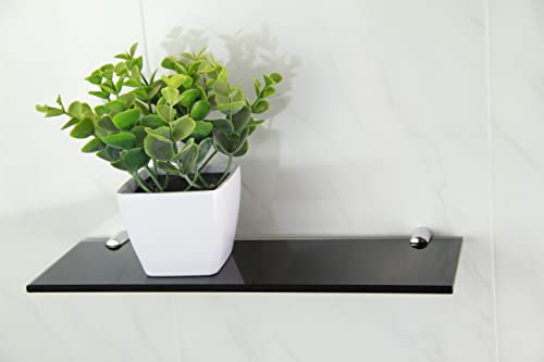 BSM Marketing Gloss Black Glass Shelf with Two Chrome Finish Brackets 300mm x 100mm Toughened Safety