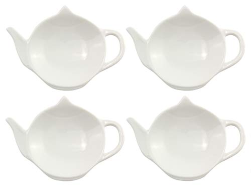 Cornucopia White Ceramic Tea Bag Coasters — Spoon Rests; 4-Pack Classic Teabag Caddy Holder Saucer Set