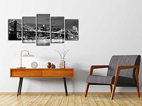 Wieco Art New York Brooklyn Bridge Canvas Wall Art Night View 5 Panels Modern Landscape Artwork Canvas Prints Abstract Pictures to Photo Canvas Wall Decor for Home & Office Decorations