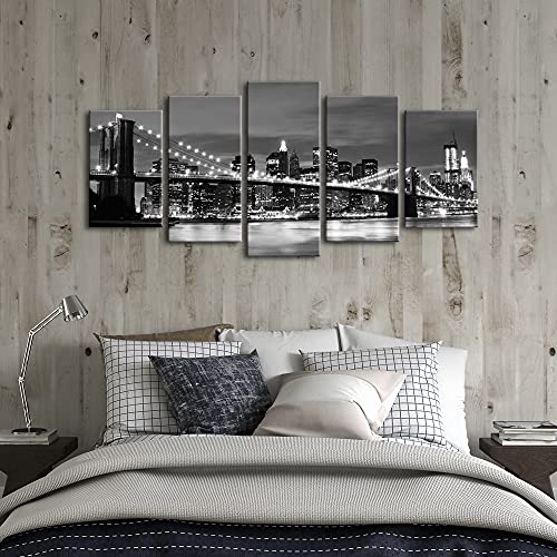 Wieco Art New York Brooklyn Bridge Canvas Wall Art Night View 5 Panels Modern Landscape Artwork Canvas Prints Abstract Pictures to Photo Canvas Wall Decor for Home & Office Decorations