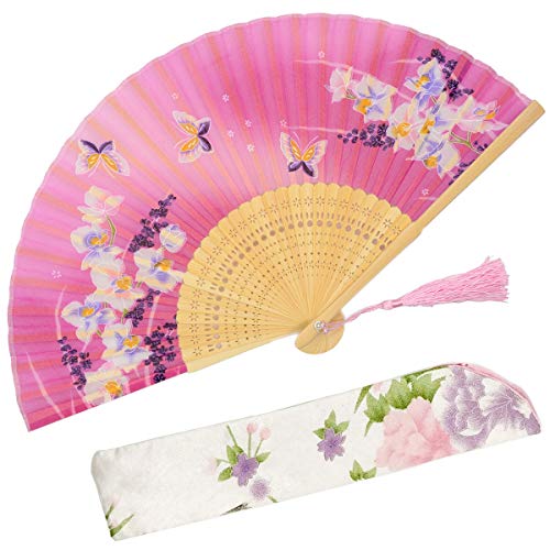 OMyTea® Hand Held Silk Folding Fans with Bamboo Frame - with a Fabric Sleeve for Protection for Gifts - 100% Handmade Oriental Chinese/Japanese Vintage Retro Style - for Women Ladys Girls (WZS-24)