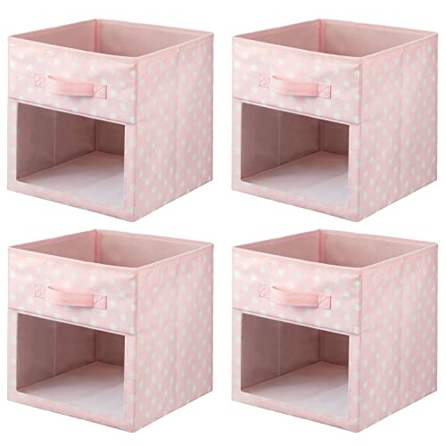 mDesign Fabric Nursery/Playroom Closet Storage Organizer Bin Box, Front Handle/Window for Cube Furniture Shelving Unit, Hold Toys, Clothes, Diapers, Bibs, 4 Pack, Pink/White Polka Dot