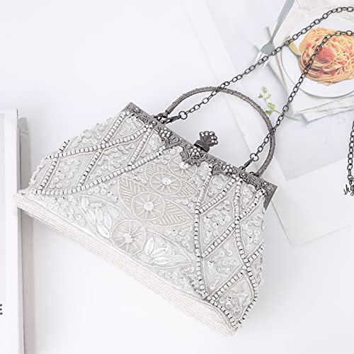 AIJUN Women's Vintage Beaded Evening Bag Sequin Clutch Purses for Women Wedding Clutches Prom Cocktail Party Handbags(Silver)