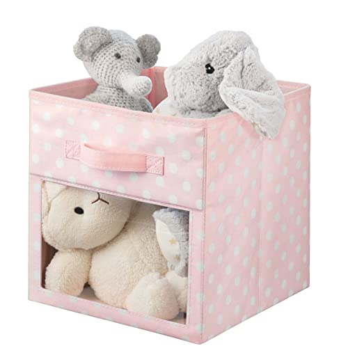 mDesign Fabric Nursery/Playroom Closet Storage Organizer Bin Box, Front Handle/Window for Cube Furniture Shelving Unit, Hold Toys, Clothes, Diapers, Bibs, 4 Pack, Pink/White Polka Dot
