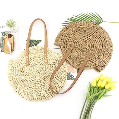 YXQSED Round Woven Bag - Summer Beach Bags Straw Handwoven Singleshoulder with Leather Handles,Zipper(Khaki) L