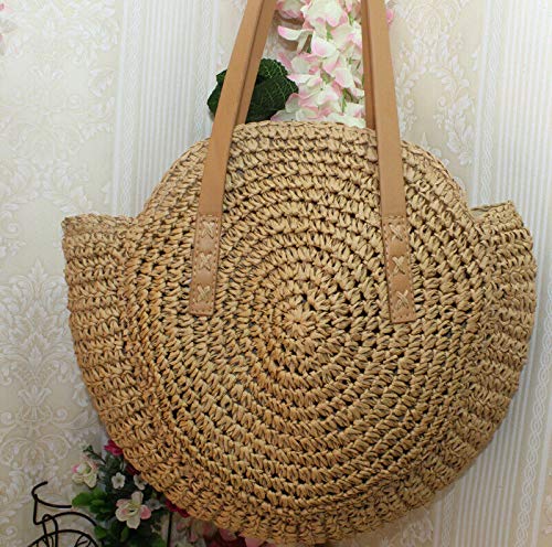 YXQSED Round Woven Bag - Summer Beach Bags Straw Handwoven Singleshoulder with Leather Handles,Zipper(Khaki) L