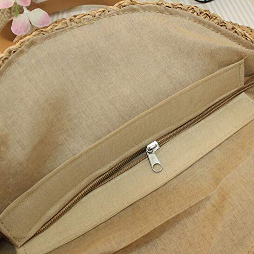 YXQSED Round Woven Bag - Summer Beach Bags Straw Handwoven Singleshoulder with Leather Handles,Zipper(Khaki) L