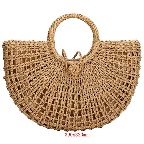 Straw Bags for Women,Hand-woven Straw Large Hobo Bag Round Handle Ring Tote Retro Summer Beach Rattan bag (Black)