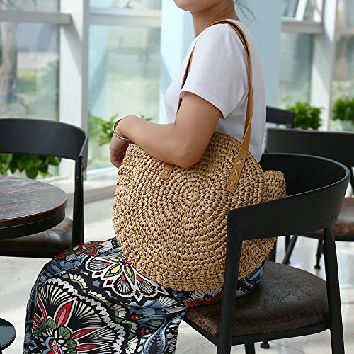 YXQSED Round Woven Bag - Summer Beach Bags Straw Handwoven Singleshoulder with Leather Handles,Zipper(Khaki) L