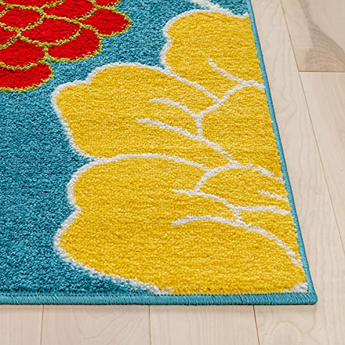 Well Woven StarBright Daisy Flowers Modern Floral Blue 3'3" x 5' Kids Area Rug