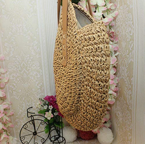 YXQSED Round Woven Bag - Summer Beach Bags Straw Handwoven Singleshoulder with Leather Handles,Zipper(Khaki) L